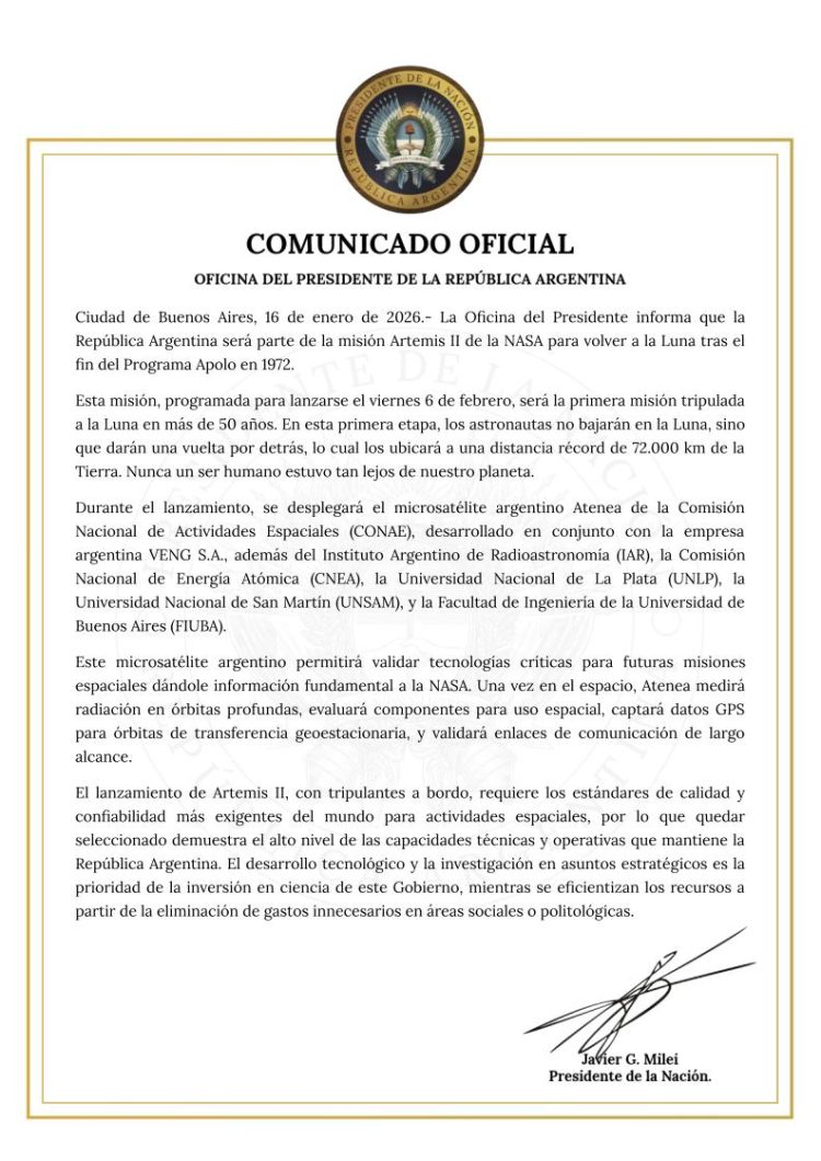 Argentina se suma al próximo proyecto de la NASA para ir a la luna ...